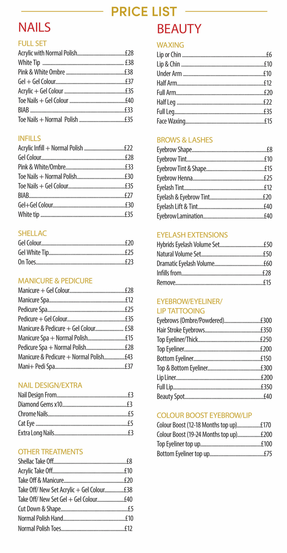 Price List – Deluxe Nails Exeter
